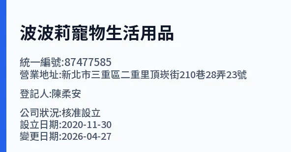 波波莉寵物生活用品的照片-統編 87477585(新北市) 公司登記資料與營業項目詳細圖表
