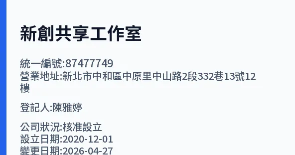 新創共享工作室的照片-統編 87477749(新北市) 公司登記資料與營業項目詳細圖表