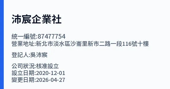 沛宸企業社的照片-統編 87477754(新北市) 公司登記資料與營業項目詳細圖表