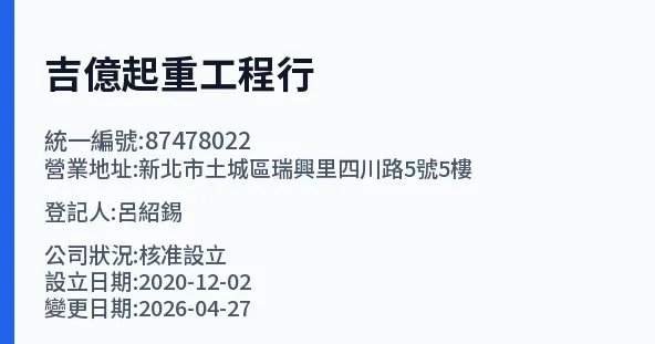 吉億起重工程行的照片-統編 87478022(新北市) 公司登記資料與營業項目詳細圖表