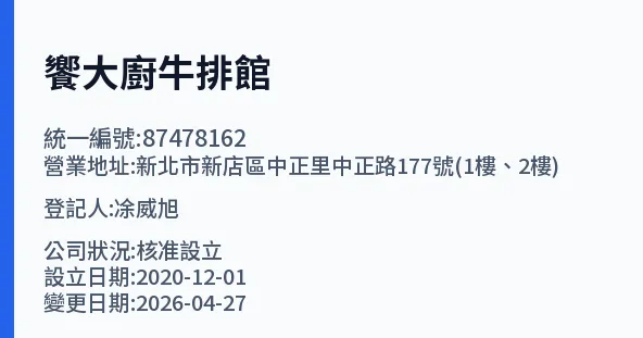 饗大廚牛排館的照片-統編 87478162(新北市) 公司登記資料與營業項目詳細圖表