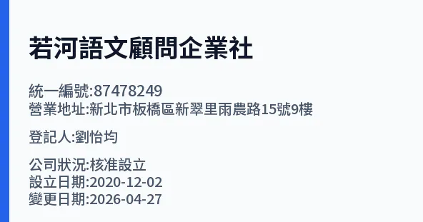 若河語文顧問企業社的照片-統編 87478249(新北市) 公司登記資料與營業項目詳細圖表