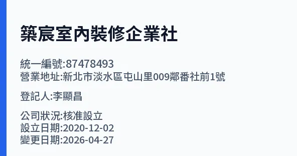 築宸室內裝修企業社的照片-統編 87478493(新北市) 公司登記資料與營業項目詳細圖表