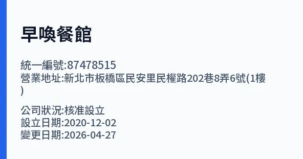 早喚餐館的照片-統編 87478515(新北市) 公司登記資料與營業項目詳細圖表