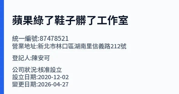蘋果綠了鞋子髒了工作室的照片-統編 87478521(新北市) 公司登記資料與營業項目詳細圖表