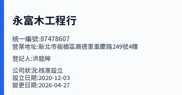 永富木工程行的照片-統編 87478607(新北市) 公司登記資料與營業項目詳細圖表