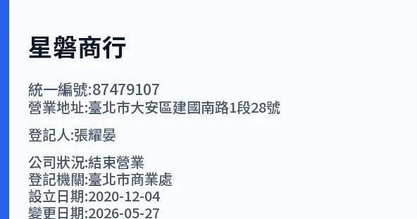 星磐商行的照片-統編 87479107(臺北市) 公司登記資料與營業項目詳細圖表