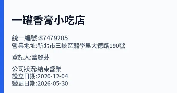 一罐香膏小吃店的照片-統編 87479205(新北市) 公司登記資料與營業項目詳細圖表