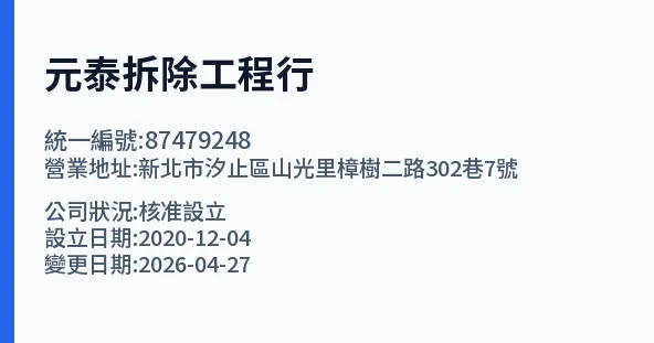 元泰拆除工程行的照片-統編 87479248(新北市) 公司登記資料與營業項目詳細圖表