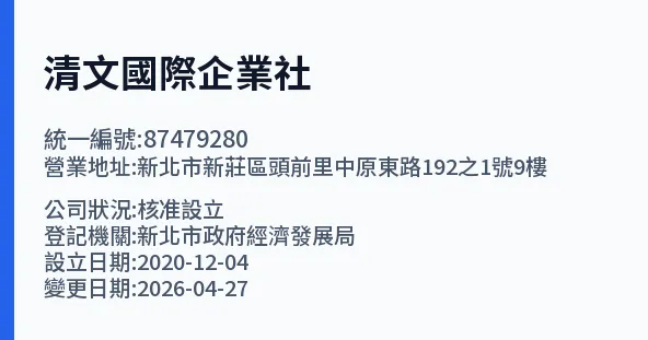 清文國際企業社的照片-統編 87479280(新北市) 公司登記資料與營業項目詳細圖表