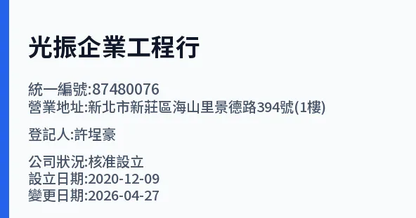 光振企業工程行的照片-統編 87480076(新北市) 公司登記資料與營業項目詳細圖表
