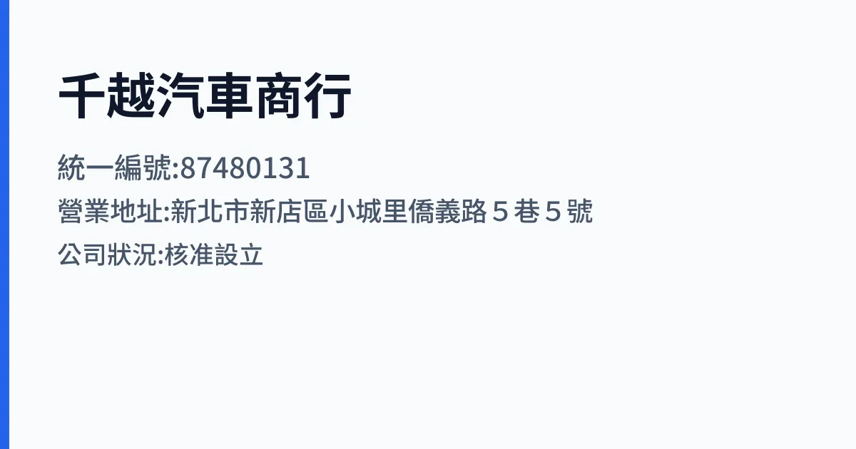 千越汽車商行 - 統編 87480131(新北市) 公司登記資料與營業項目詳細圖表