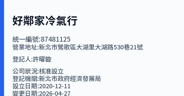 好鄰家冷氣行的照片-統編 87481125(新北市) 公司登記資料與營業項目詳細圖表