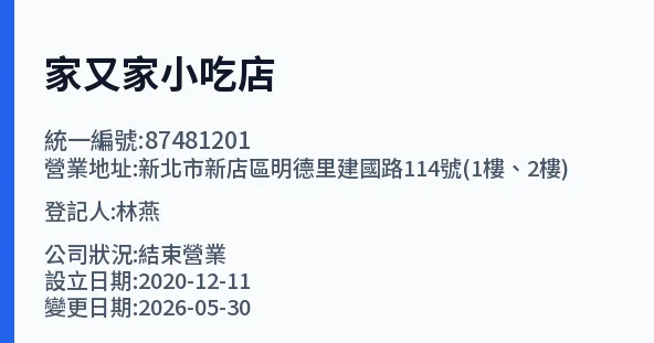 家又家小吃店的照片-統編 87481201(新北市) 公司登記資料與營業項目詳細圖表