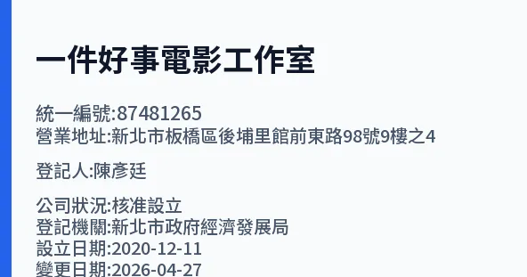 一件好事電影工作室的照片-統編 87481265(新北市) 公司登記資料與營業項目詳細圖表