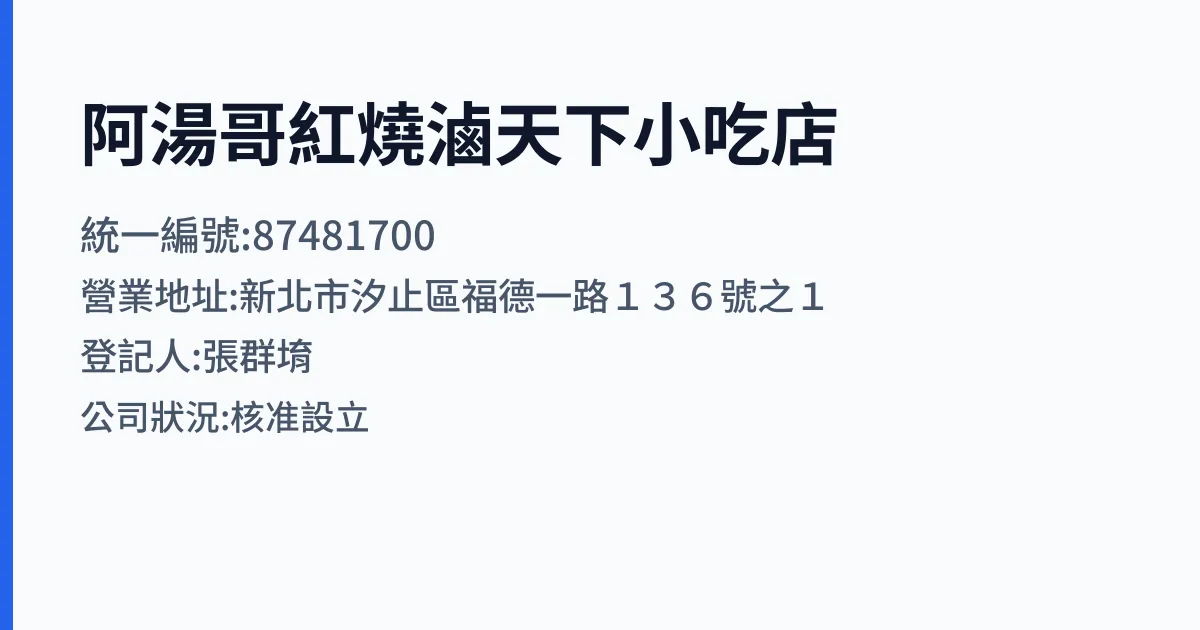 阿湯哥紅燒滷天下小吃店 - 統編 87481700(新北市) 公司登記資料與營業項目詳細圖表