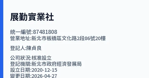 展勤實業社的照片-統編 87481808(新北市) 公司登記資料與營業項目詳細圖表