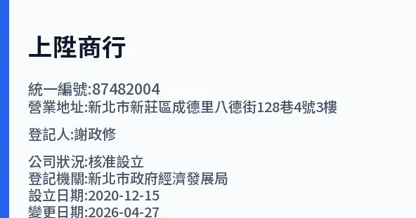 上陞商行的照片-統編 87482004(新北市) 公司登記資料與營業項目詳細圖表