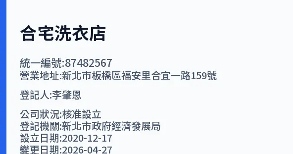 合宅洗衣店的照片-統編 87482567(新北市) 公司登記資料與營業項目詳細圖表