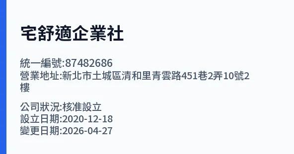 宅舒適企業社的照片-統編 87482686(新北市) 公司登記資料與營業項目詳細圖表