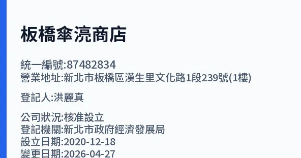 板橋傘湸商店的照片-統編 87482834(新北市) 公司登記資料與營業項目詳細圖表
