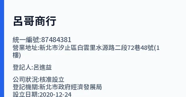 呂哥商行的照片-統編 87484381(新北市) 公司登記資料與營業項目詳細圖表