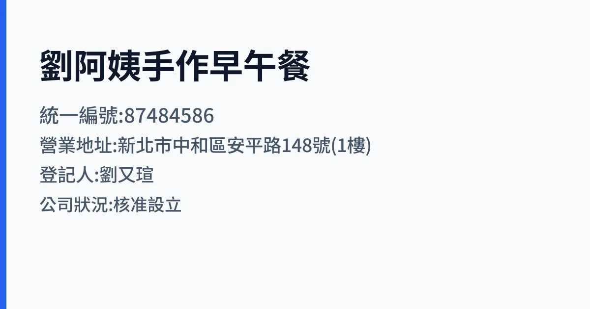 劉阿姨手作早午餐 - 統編 87484586(新北市) 公司登記資料與營業項目詳細圖表