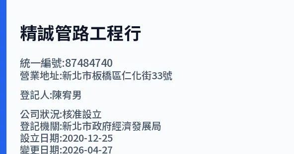 精誠管路工程行的照片-統編 87484740(新北市) 公司登記資料與營業項目詳細圖表