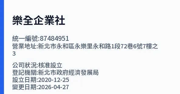 樂全企業社的照片-統編 87484951(新北市) 公司登記資料與營業項目詳細圖表