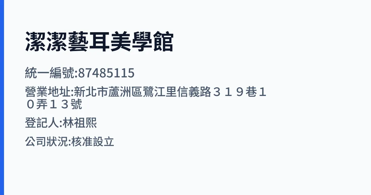 潔潔藝耳美學館 - 統編 87485115(新北市) 公司登記資料與營業項目詳細圖表
