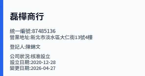 磊樺商行的照片-統編 87485136(新北市) 公司登記資料與營業項目詳細圖表