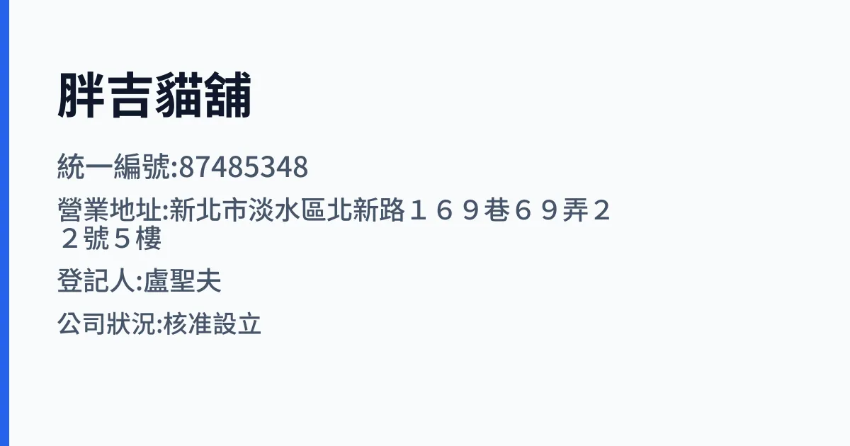 胖吉貓舖 - 統編 87485348(新北市) 公司登記資料與營業項目詳細圖表