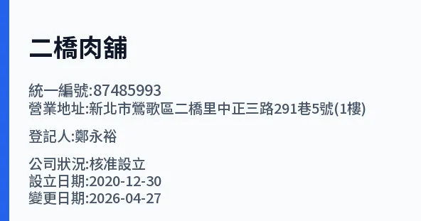 二橋肉舖的照片-統編 87485993(新北市) 公司登記資料與營業項目詳細圖表
