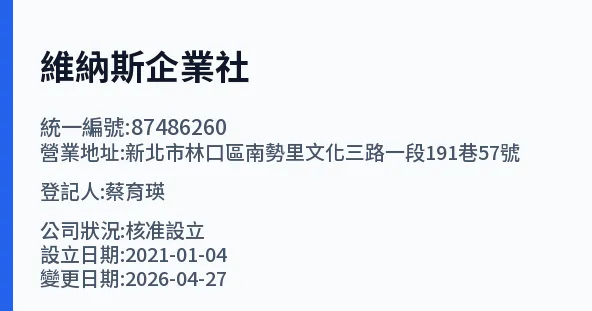 維納斯企業社的照片-統編 87486260(新北市) 公司登記資料與營業項目詳細圖表