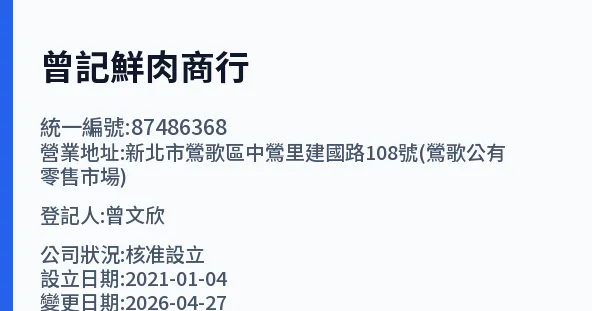 曾記鮮肉商行的照片-統編 87486368(新北市) 公司登記資料與營業項目詳細圖表