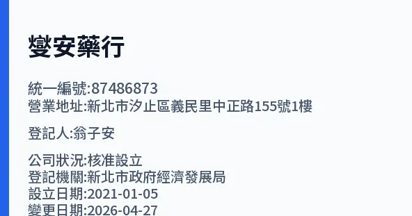 燮安藥行的照片-統編 87486873(新北市) 公司登記資料與營業項目詳細圖表