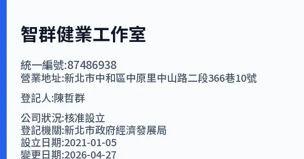 智群健業工作室的照片-統編 87486938(新北市) 公司登記資料與營業項目詳細圖表