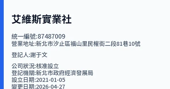 艾維斯實業社的照片-統編 87487009(新北市) 公司登記資料與營業項目詳細圖表