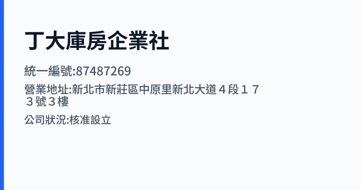 丁大庫房企業社 - 統編 87487269(新北市) 公司登記資料與營業項目詳細圖表