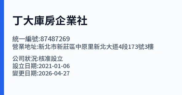丁大庫房企業社的照片-統編 87487269(新北市) 公司登記資料與營業項目詳細圖表