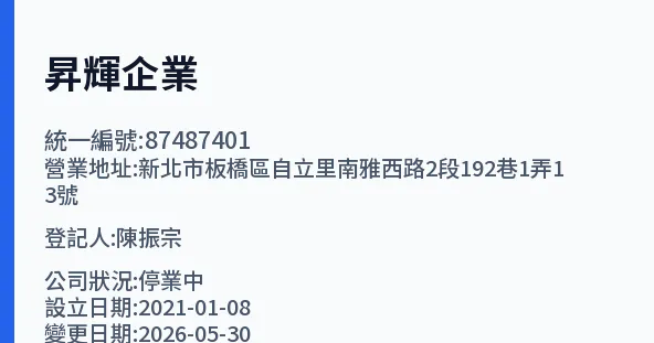 昇輝企業的照片-統編 87487401(新北市) 公司登記資料與營業項目詳細圖表