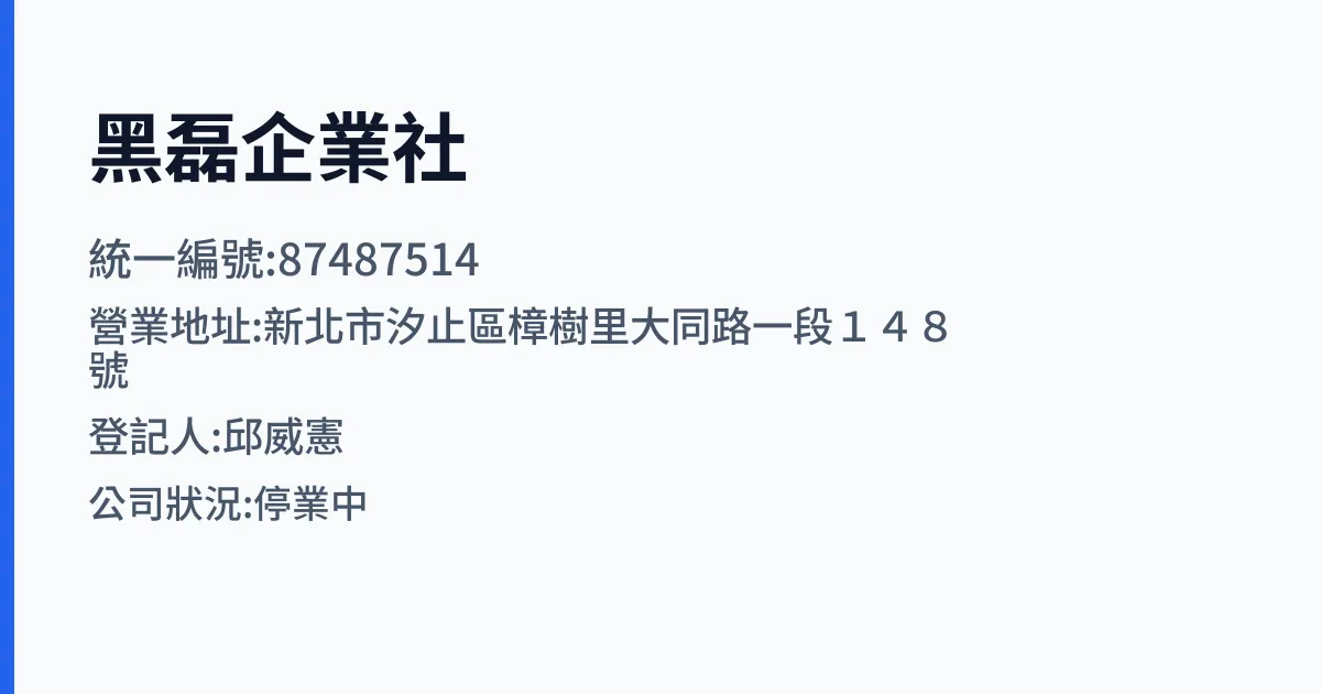 黑磊企業社 - 統編 87487514(新北市) 公司登記資料與營業項目詳細圖表
