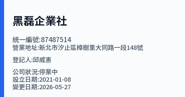 黑磊企業社的照片-統編 87487514(新北市) 公司登記資料與營業項目詳細圖表