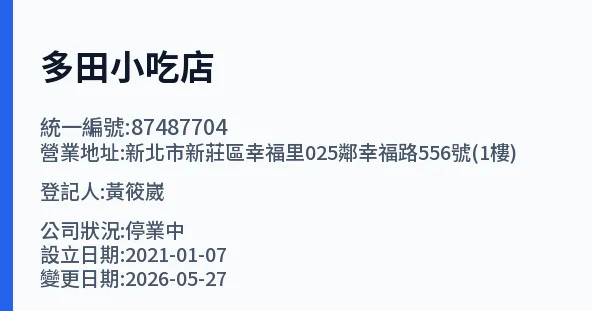多田小吃店的照片-統編 87487704(新北市) 公司登記資料與營業項目詳細圖表