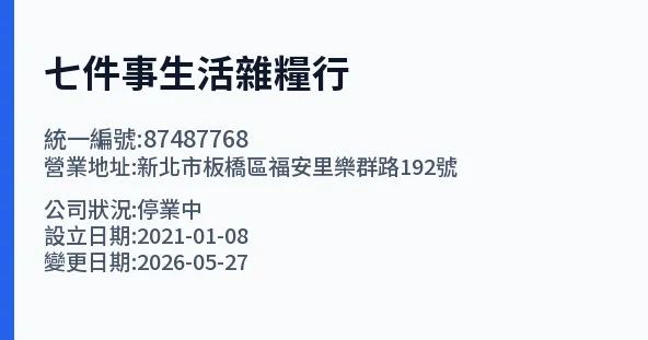 七件事生活雜糧行的照片-統編 87487768(新北市) 公司登記資料與營業項目詳細圖表