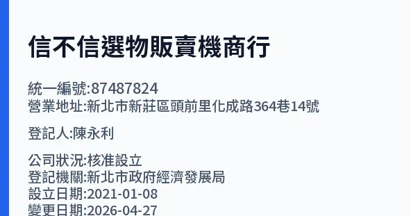信不信選物販賣機商行的照片-統編 87487824(新北市) 公司登記資料與營業項目詳細圖表
