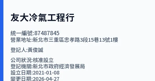 友大冷氣工程行的照片-統編 87487845(新北市) 公司登記資料與營業項目詳細圖表