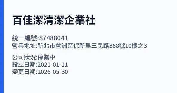 百佳潔清潔企業社的照片-統編 87488041(新北市) 公司登記資料與營業項目詳細圖表