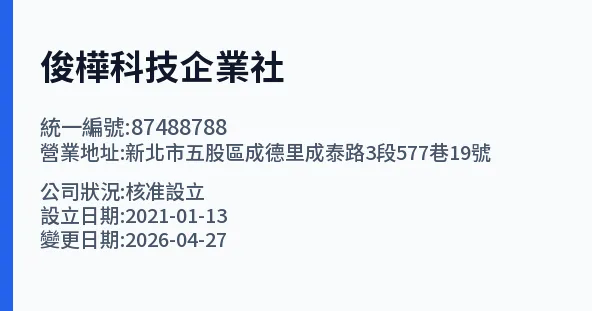 俊樺科技企業社的照片-統編 87488788(新北市) 公司登記資料與營業項目詳細圖表