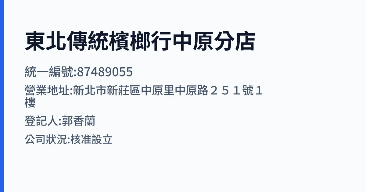 東北傳統檳榔行中原分店 - 統編 87489055(新北市) 公司登記資料與營業項目詳細圖表